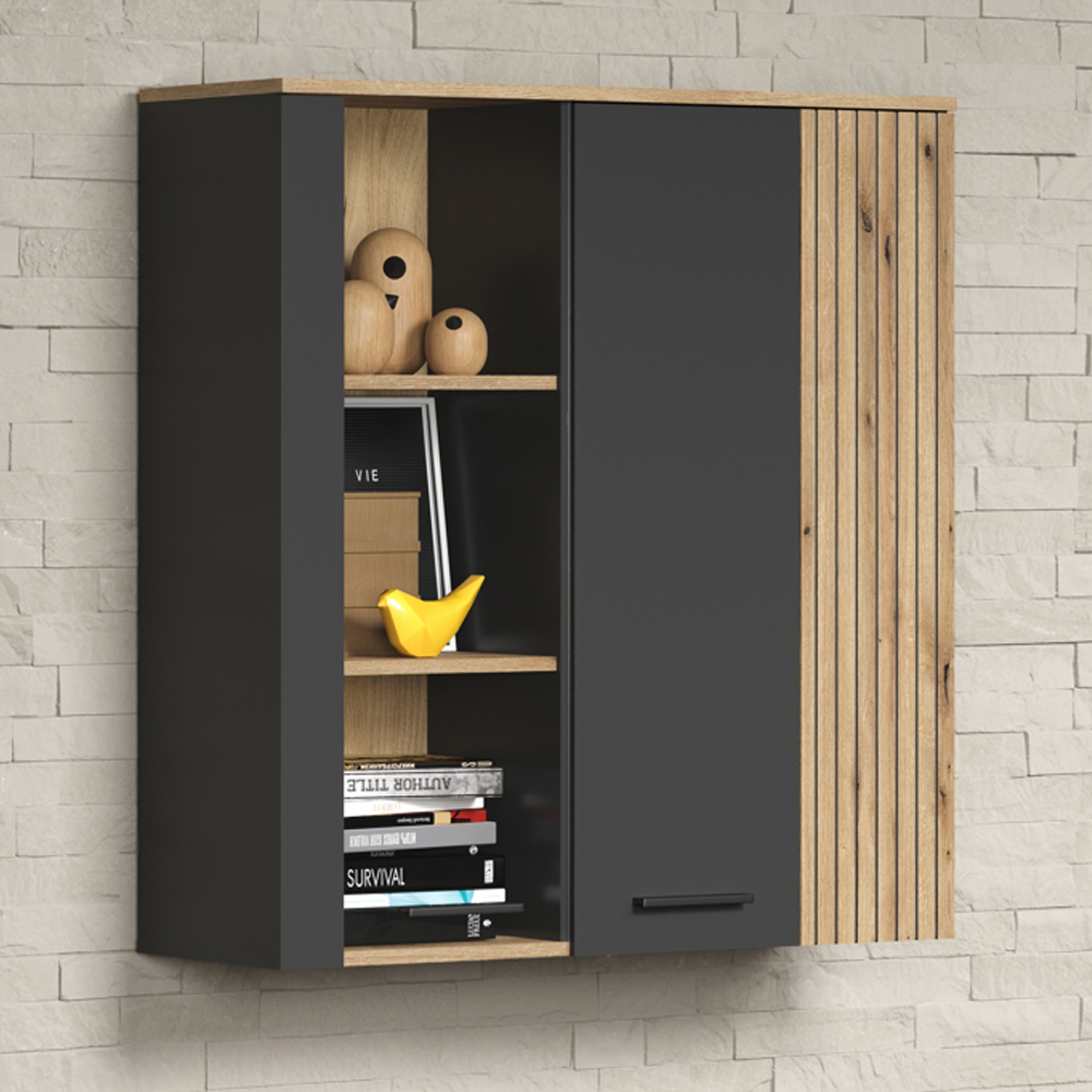 Estero Wall Hung Wooden Storage Cabinet In Anthracite And Oak