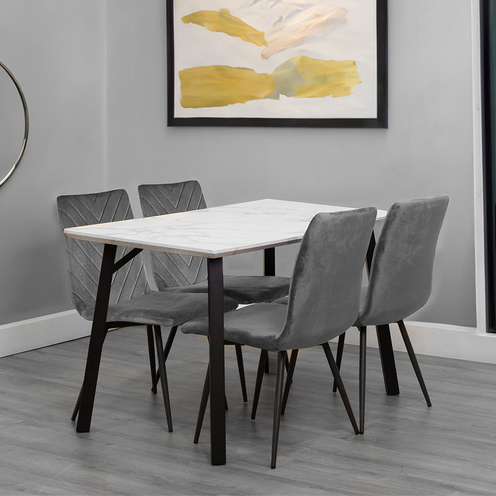 Frisco Marble Effect Dining Table Small With 4 Grey Chairs | Furniture in Fashion