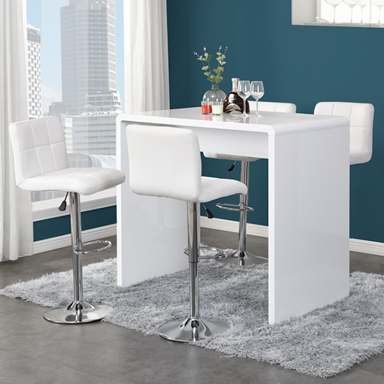 Glacier White High Gloss Bar Table With 4 Ripple Grey Stools ...
