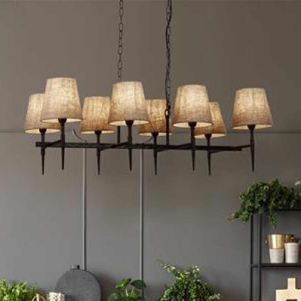 Gothic 8 Light Natural Fabric Shade Bar Pendant Light In Black ...