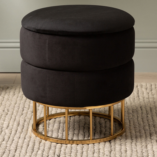 Grasse Round Velvet Storage Stool In Black With Gold Base