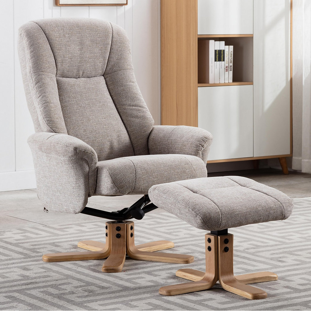 Hatton Fabric Recliner Chair With Stool In Lille Sand And Oak