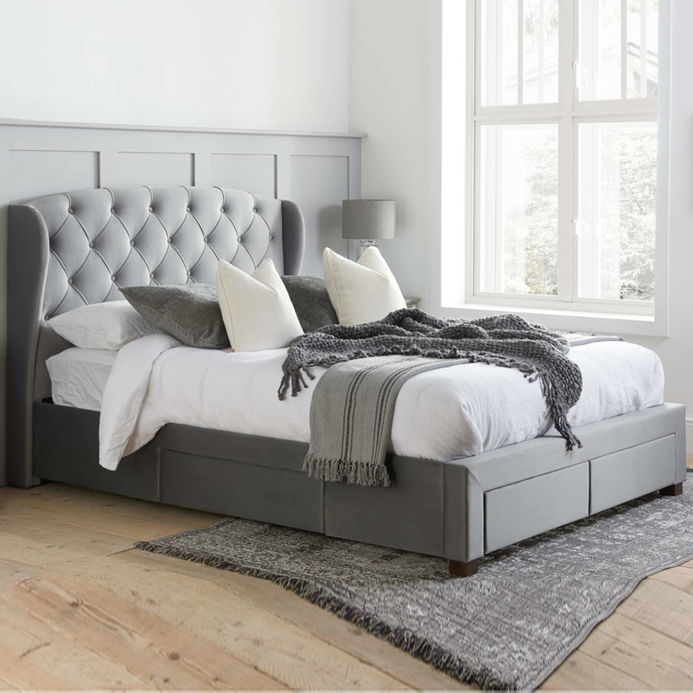 Hoper Fabric King Size Bed With 4 Drawers In Grey Velvet
