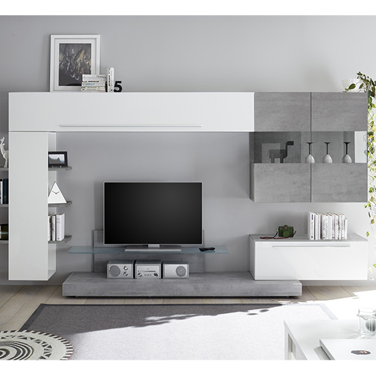 Santiago Entertainment Unit In White Gloss And Concrete Effect ...