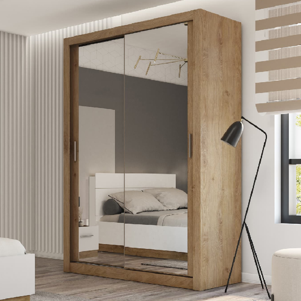 Ionia Wooden Wardrobe 150cm With 2 Sliding Doors In Shetland Oak ...