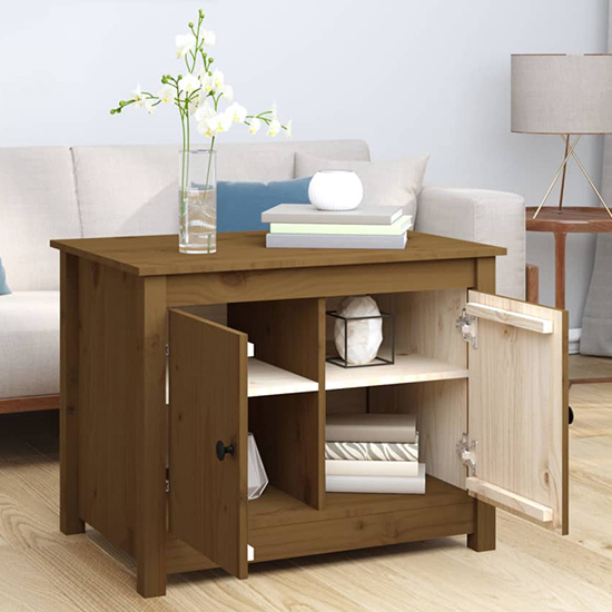 Janie Pine Wood Coffee Table With 2 Doors In Honey Brown