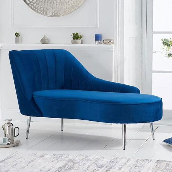 Jara Velvet Left Facing Arm Lounge Chaise In Blue
