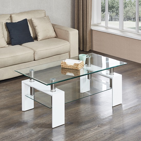 Alva Glass Coffee Table With Undershelf And White Legs | Furniture in ...
