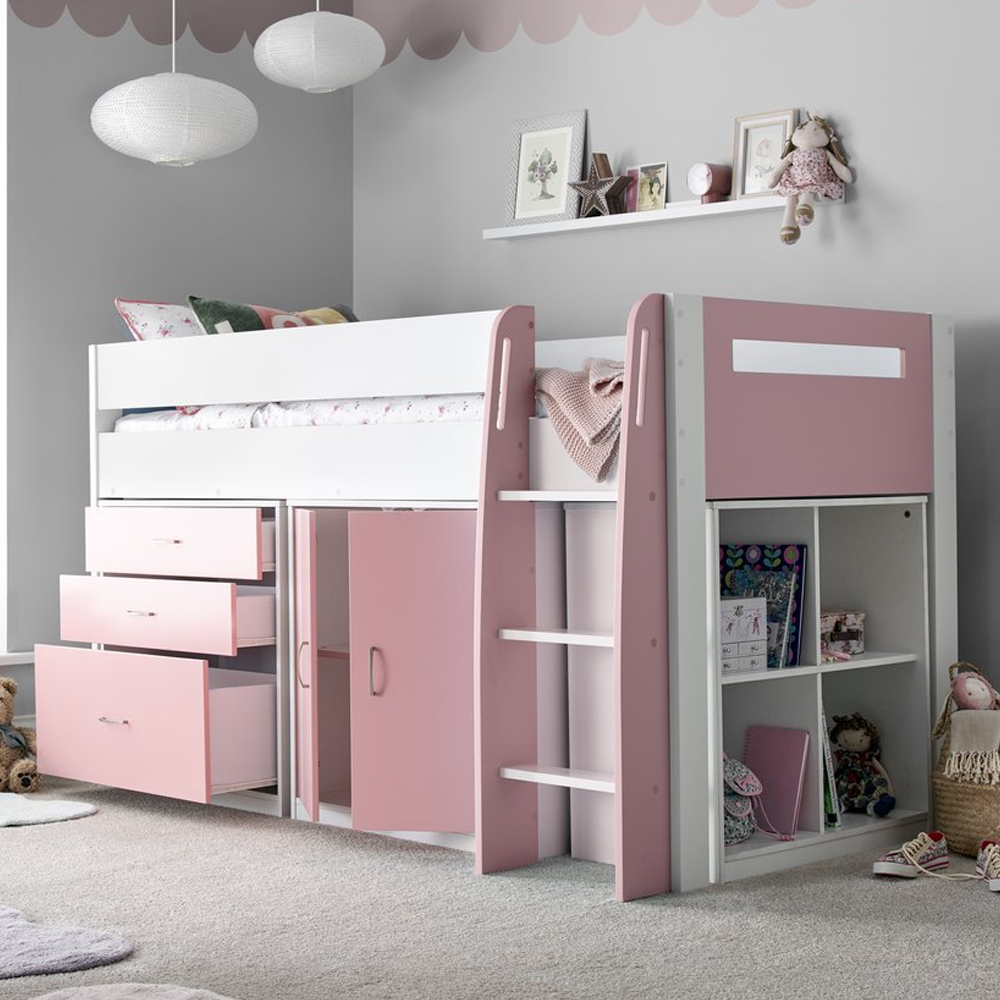 Lackey Wooden Mid Sleeper With Storage In Pink And White | Furniture in ...