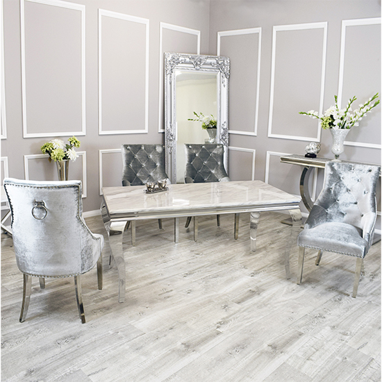Laval Ivory Smoke Marble Dining Table 4 Dessel Pewter Chairs