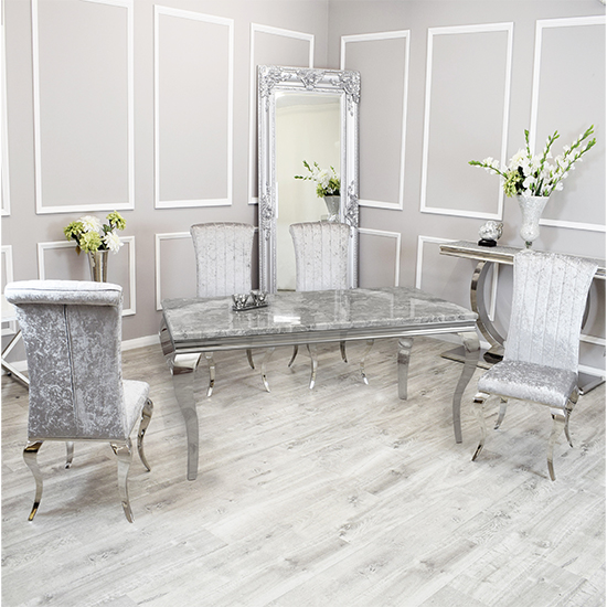 Laval Light Grey Marble Dining Table With 4 North Silver Chairs