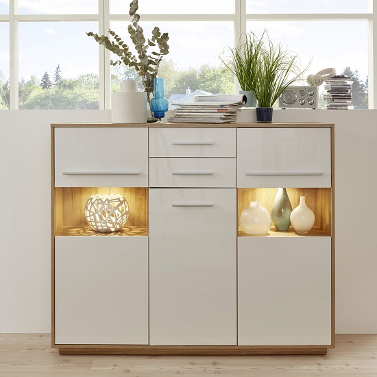 Liona Highboard In Glossy White And Rustic Oak With LED