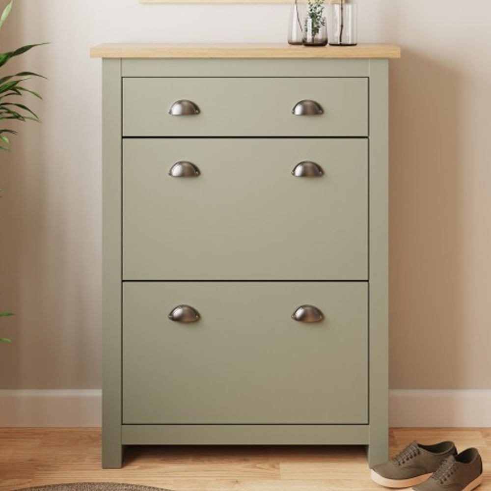 Loftus Wooden Shoe Cabinet With 2 Flap Doors In Sage Green And Oak