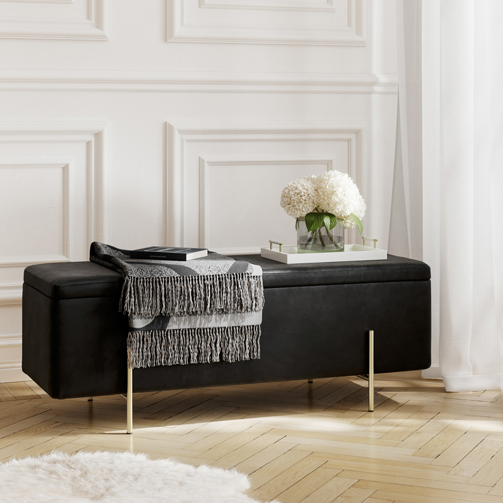 Lola Velvet Storage Ottoman With Gold Legs In Black | Furniture in Fashion