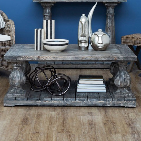 Lovito Wooden Pillars Coffee Table In Rustic Teak