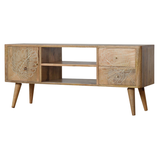 Lufkin Wooden Leaf Embossed TV Stand In Oak Ish
