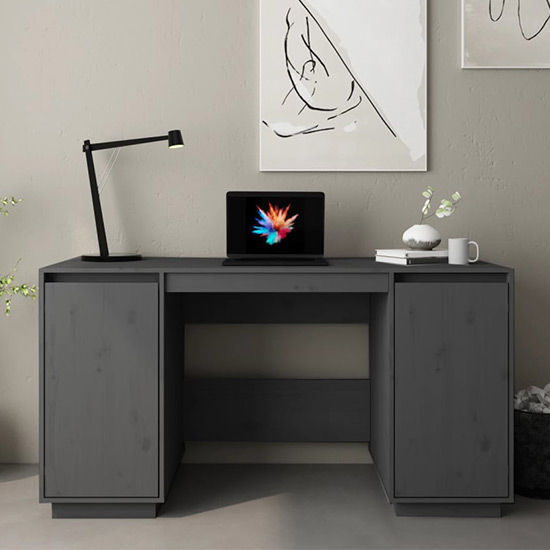 Marcel Solid Pine Wood Laptop Desk With 2 Door In Grey