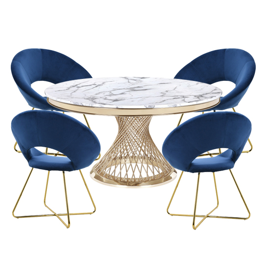 Marcelo White Marble Dining Set With 4 Blue Barclay Chairs