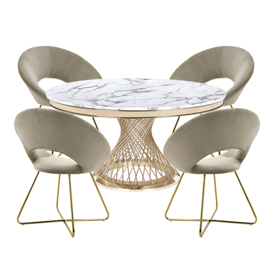 Marcelo White Marble Dining Set With 4 Taupe Barclay Chairs