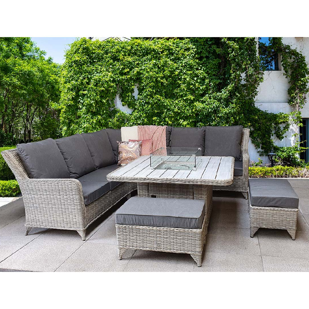 Maree Rattan Garden Corner Dining Set With Firepit In Grey