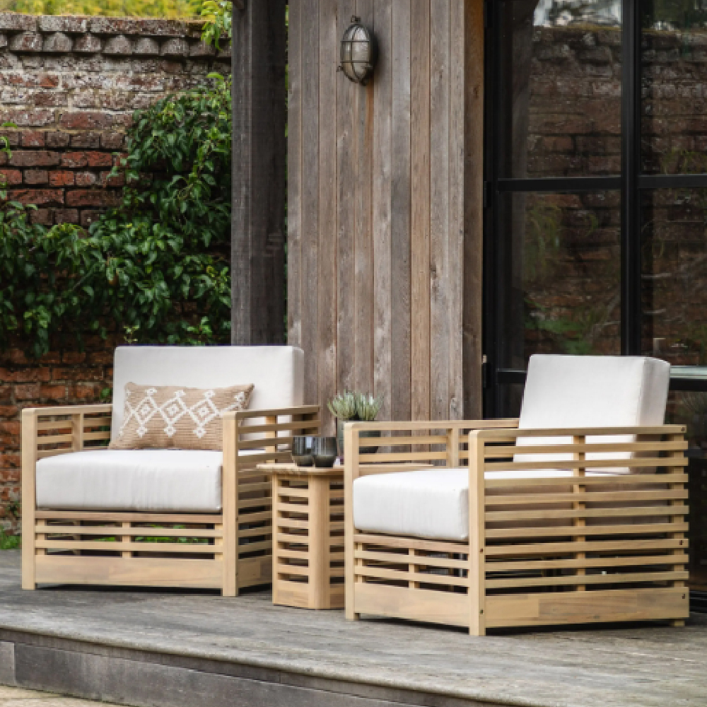 Marfa Outdoor Wooden 3 Piece Lounger Set With Cushion In Natural ...