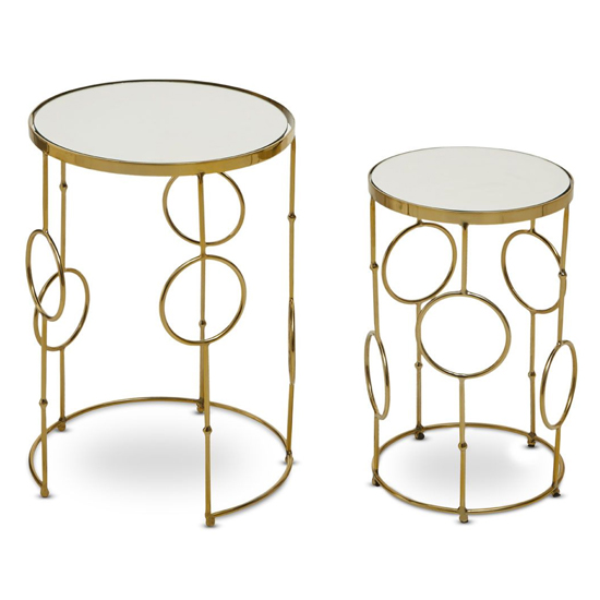 Mekbuda Round White Glass Top Nest Of 2 Tables With Gold Frame