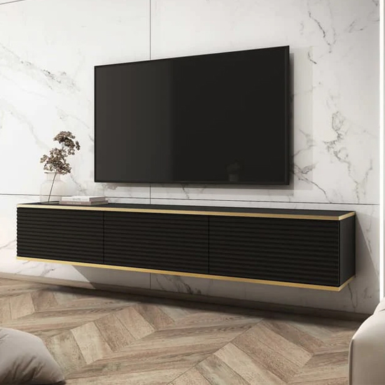Mia Wooden TV Stand With 3 Hinged Doors Wall Hung In Black