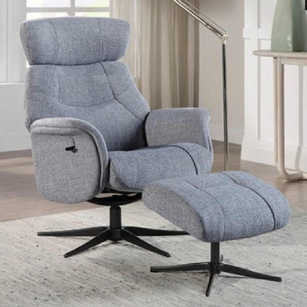 Milligan Fabric Recliner Chair With Stool In Powder Blue