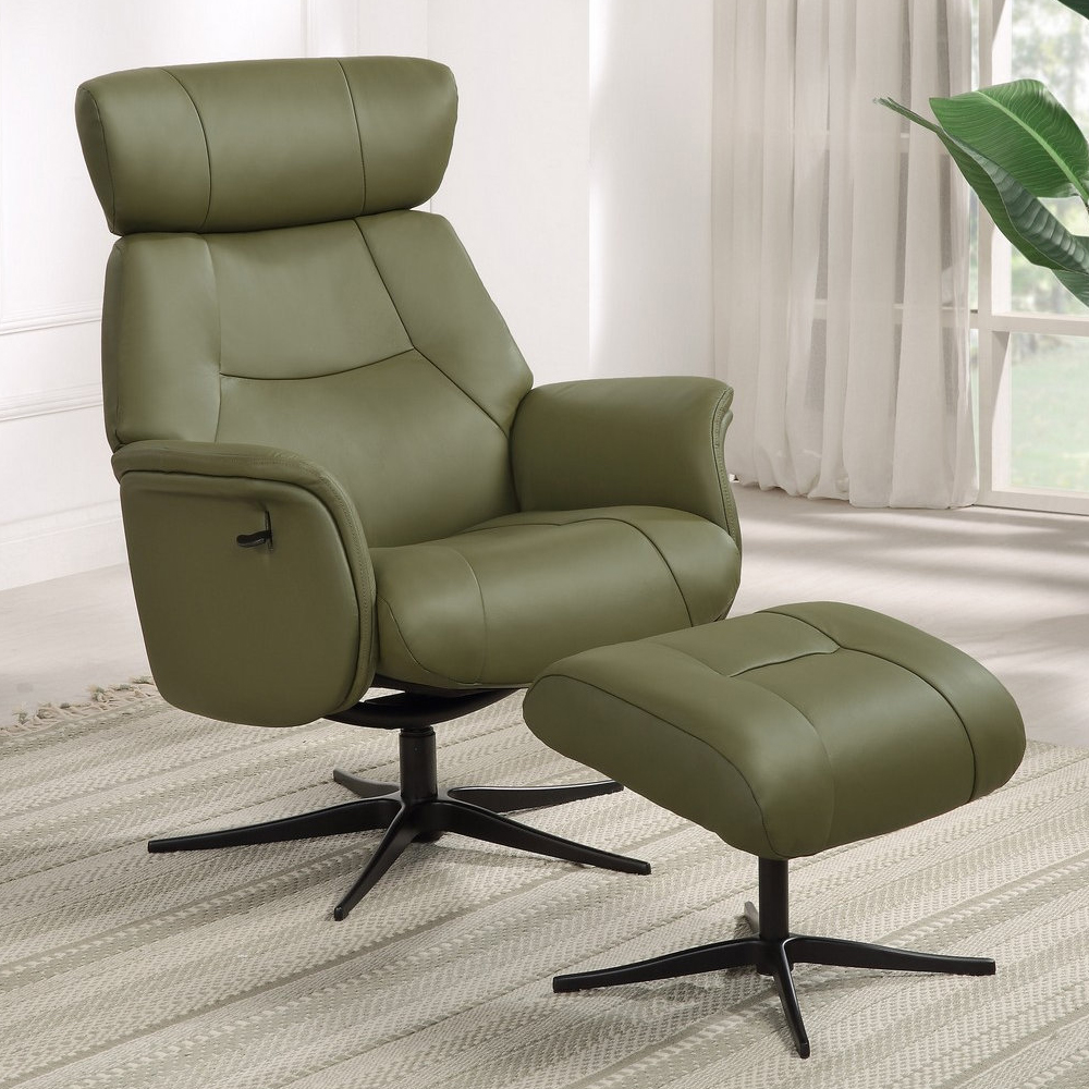 Milligan Leather Recliner Chair With Stool In Olive Green