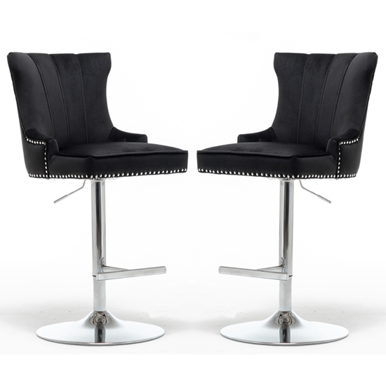 Monten Black Velvet Gas-Lift Bar Chairs In Pair