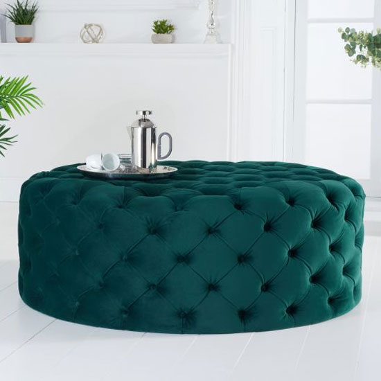 Mentor Large Round Velvet Footstool In Green | Furniture in Fashion