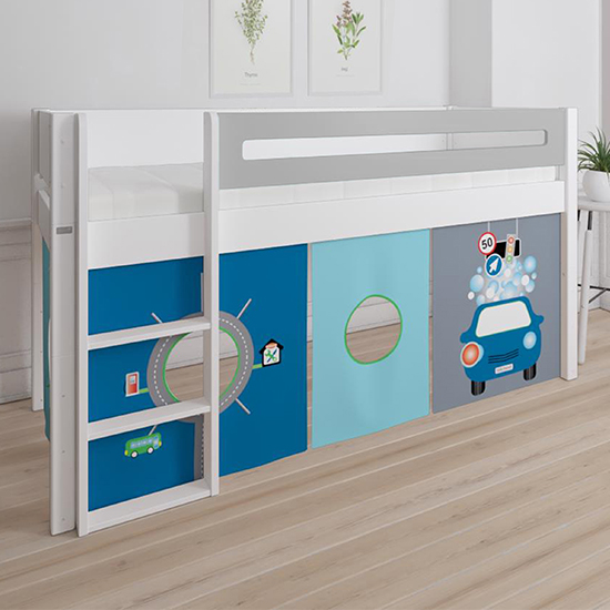 Morden Kids Mid Sleeper Bed In Silver Grey With Carwash Curtain