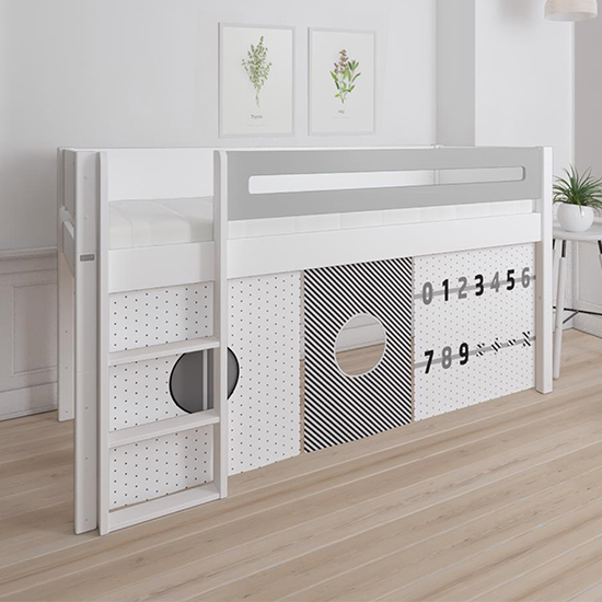 Morden Kids Mid Sleeper Bed In Silver Grey With Numbers Curtain