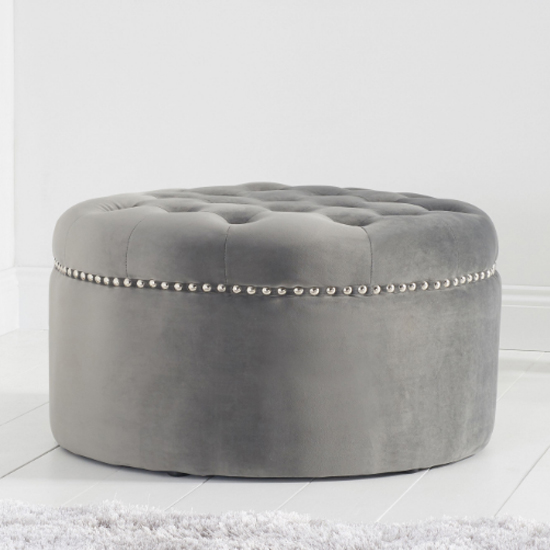 Mulberry Round Velvet Upholstered Footstool In Grey | FiF