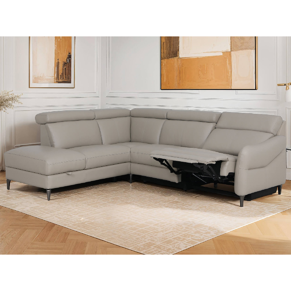 Nassau Leather LHF Corner Recliner Sofa In Stone | Furniture in Fashion
