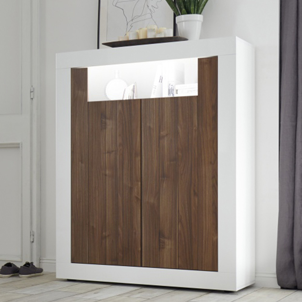 Nitro White High Gloss Highboard With 2 Doors In Walnut And LED ...