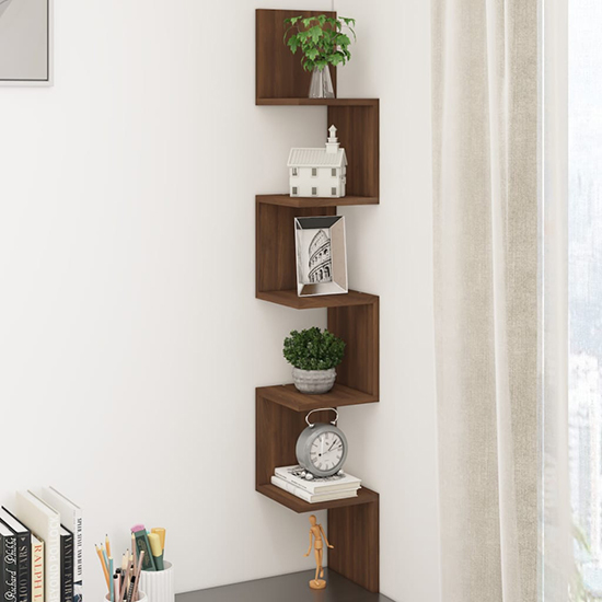 Odierne Corner Wooden Wall Shelf In Brown Oak