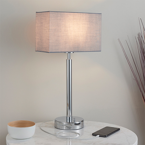 Owen Grey Rectangle Shade Table Lamp With USB In Chrome