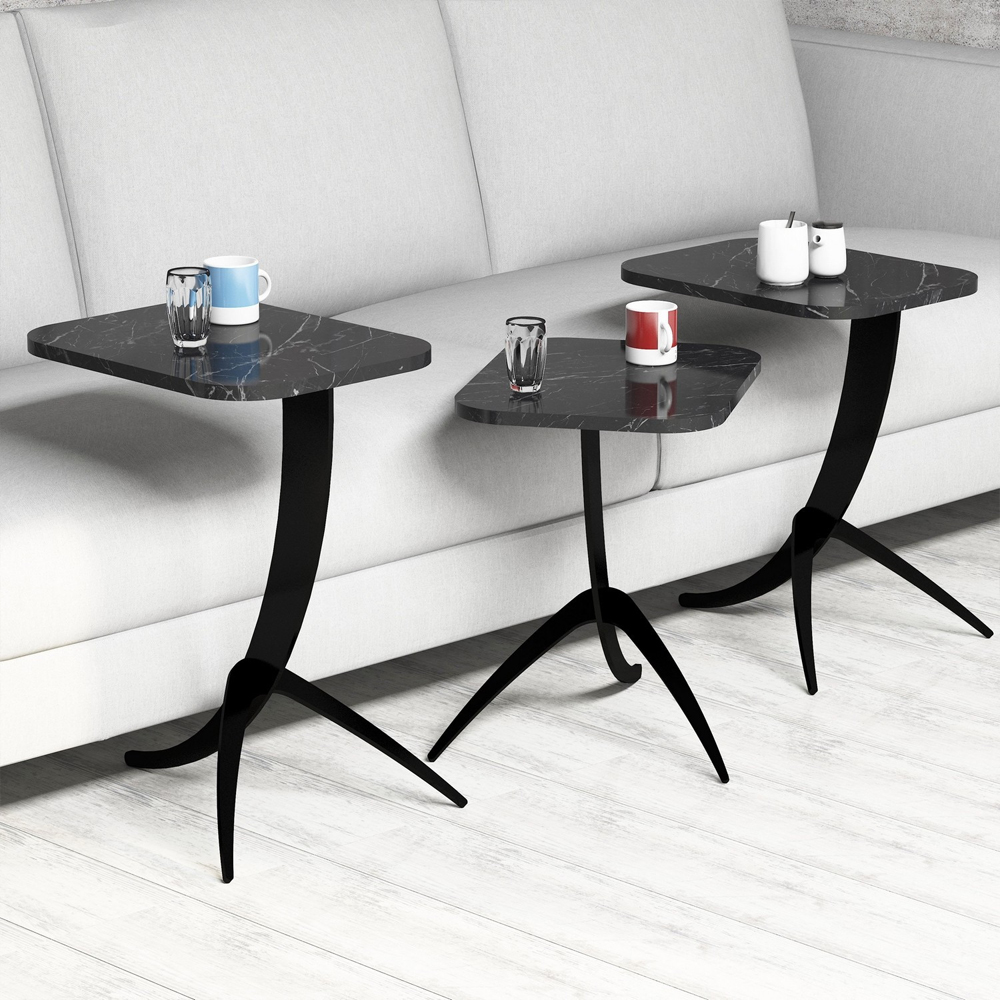 Pion Black Marble Effect Nesting Side Tables with Metal Legs