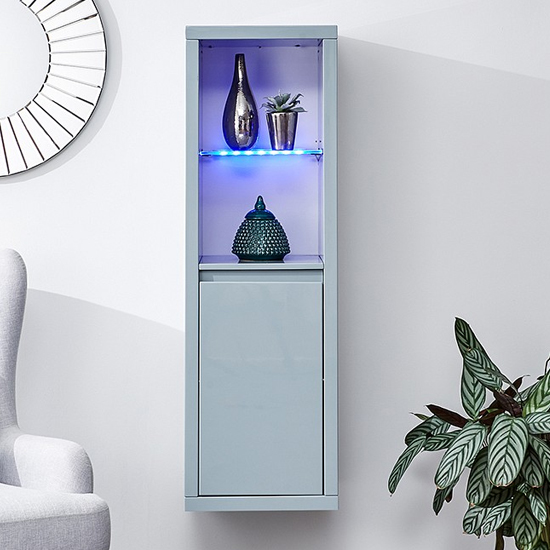 Powick High Gloss Wall Mounted Display Cabinet In Grey With LED | FiF