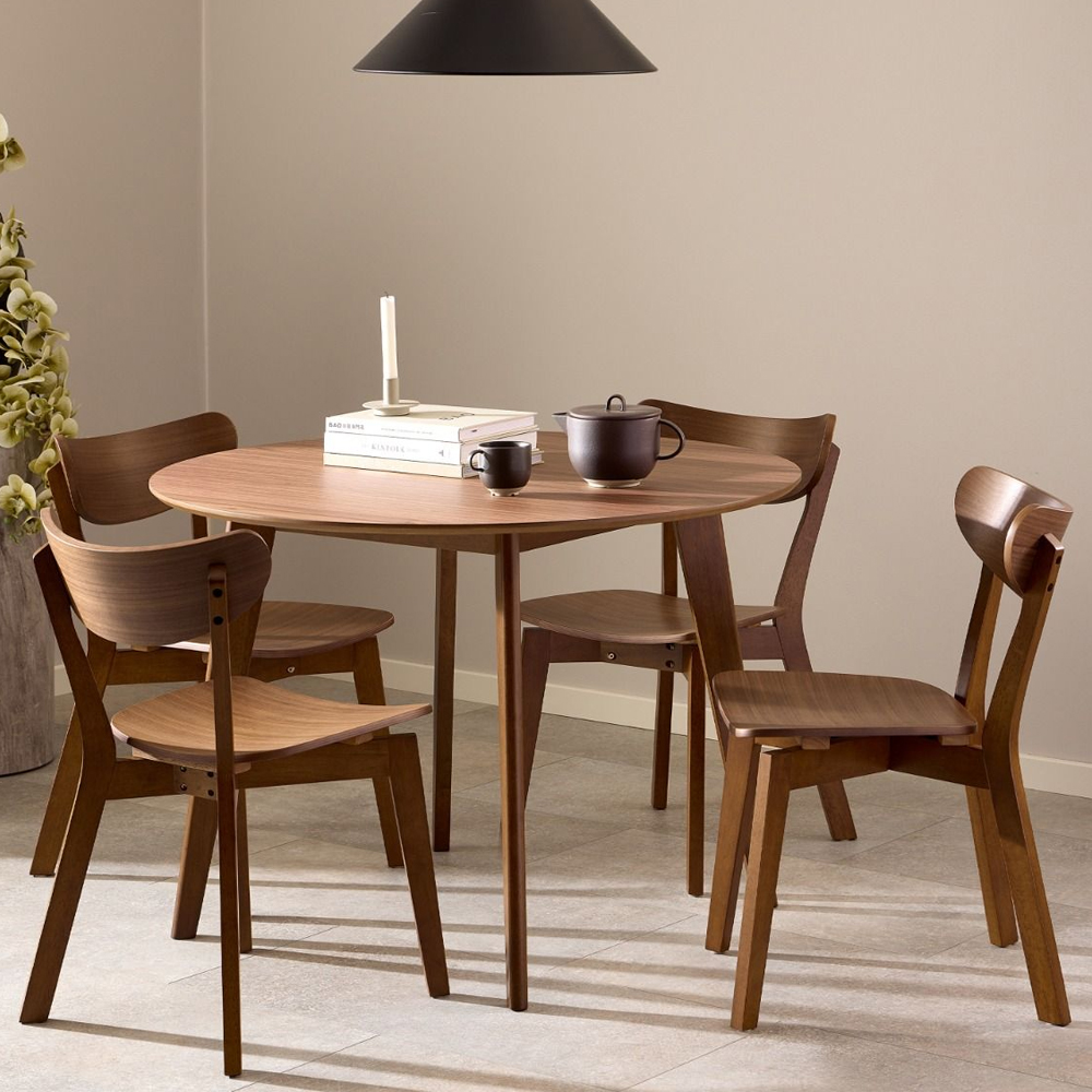 Riga Wooden Round Dining Table With 4 Chairs In Walnut