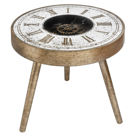 Bolek Mirrored Round Framed Clock Side Table In Gold | Sale