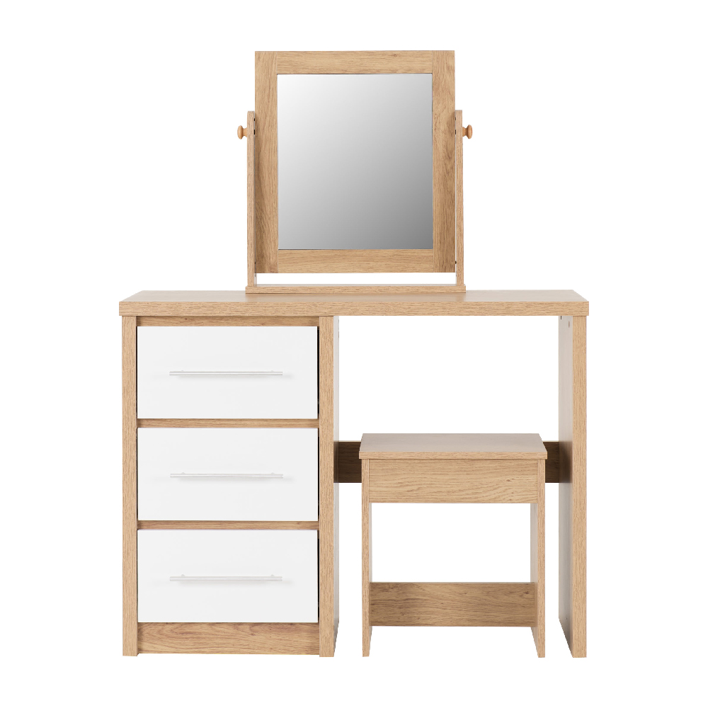 Samaira Oak Wooden Dressing Table Set With 3 White Gloss Drawers