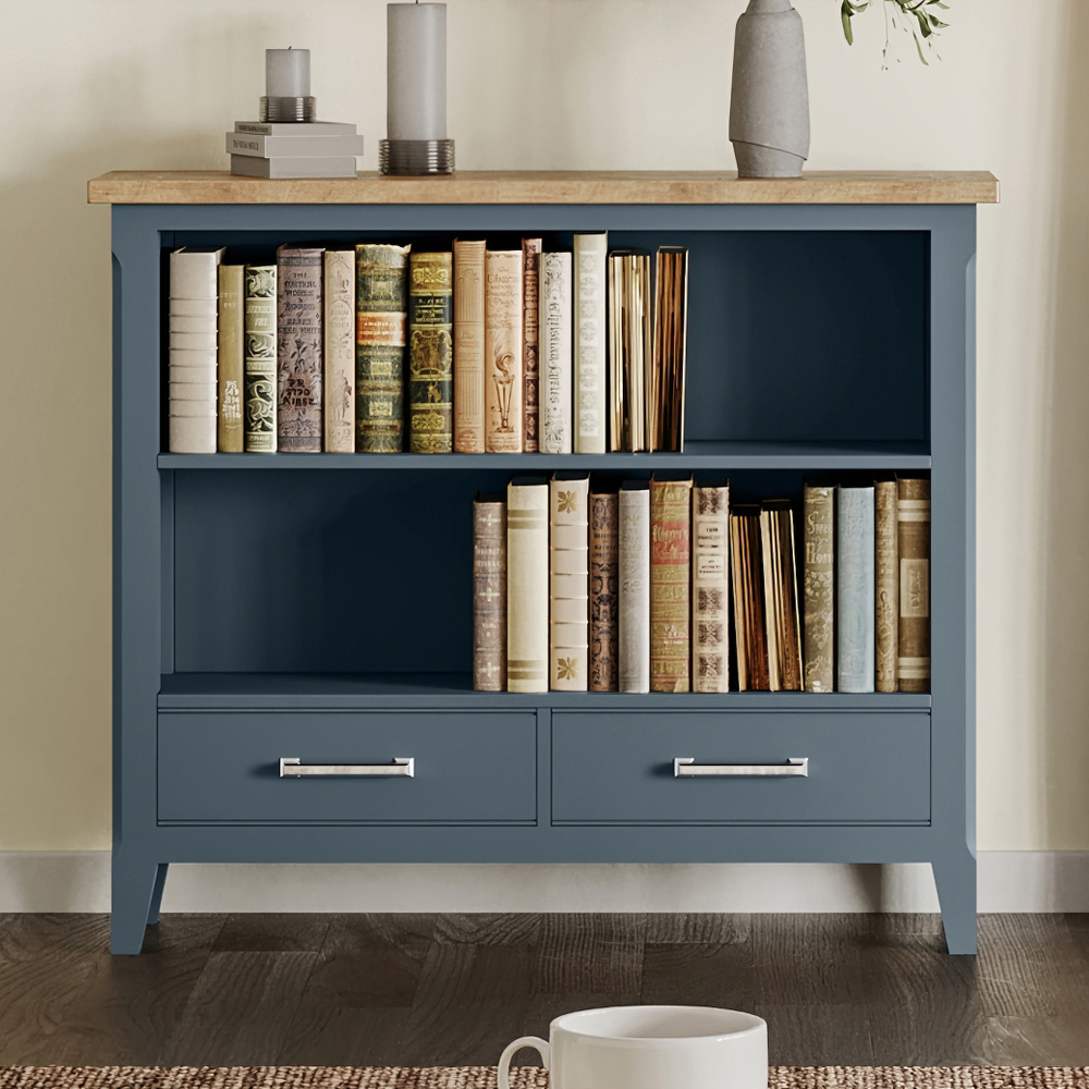 Sanford Low Wooden Bookcase With 2 Drawers In Blue And Oak
