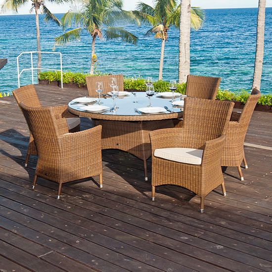 Sanmo Outdoor Round 1200mm Glass Top Dining Table In Red Pine