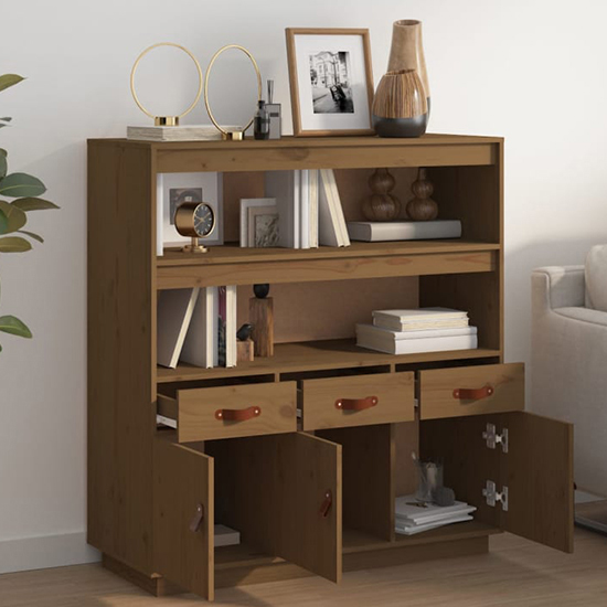 Satha Pinewood Highboard With 3 Doors 3 Drawers In Honey Brown