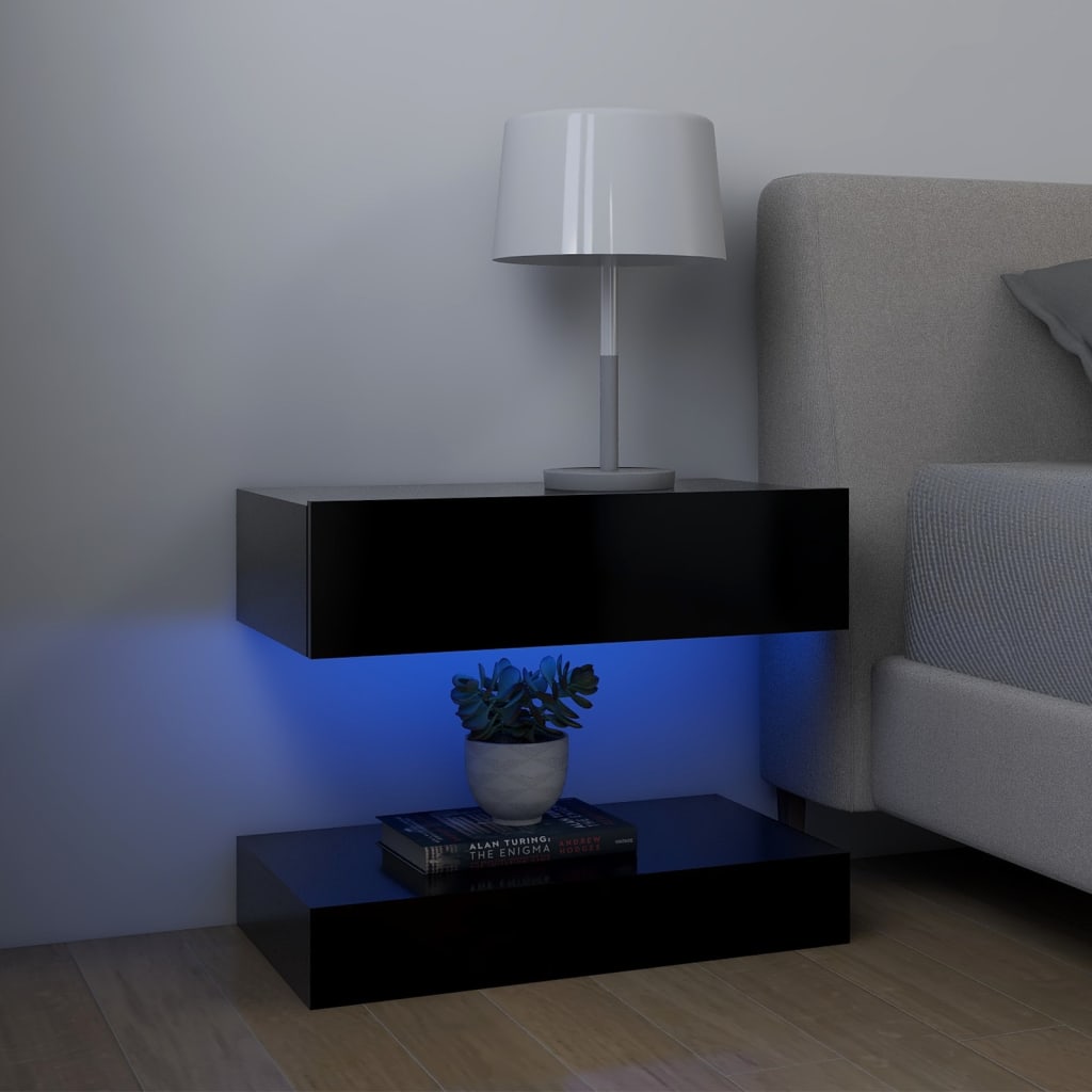 Sauts Wooden Bedside Cabinet In Black With LED Lights
