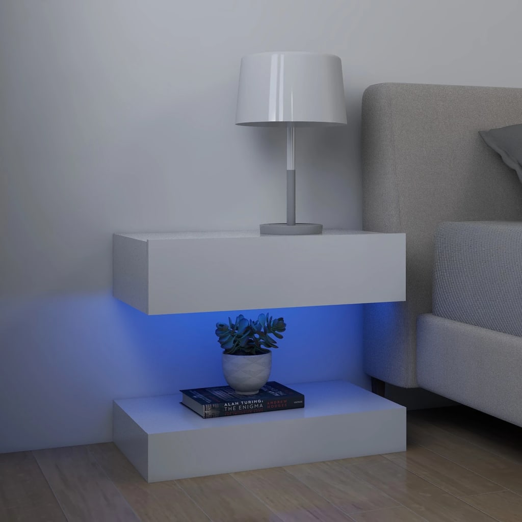 Sauts Wooden Bedside Cabinet In White With LED Lights | Furniture in ...