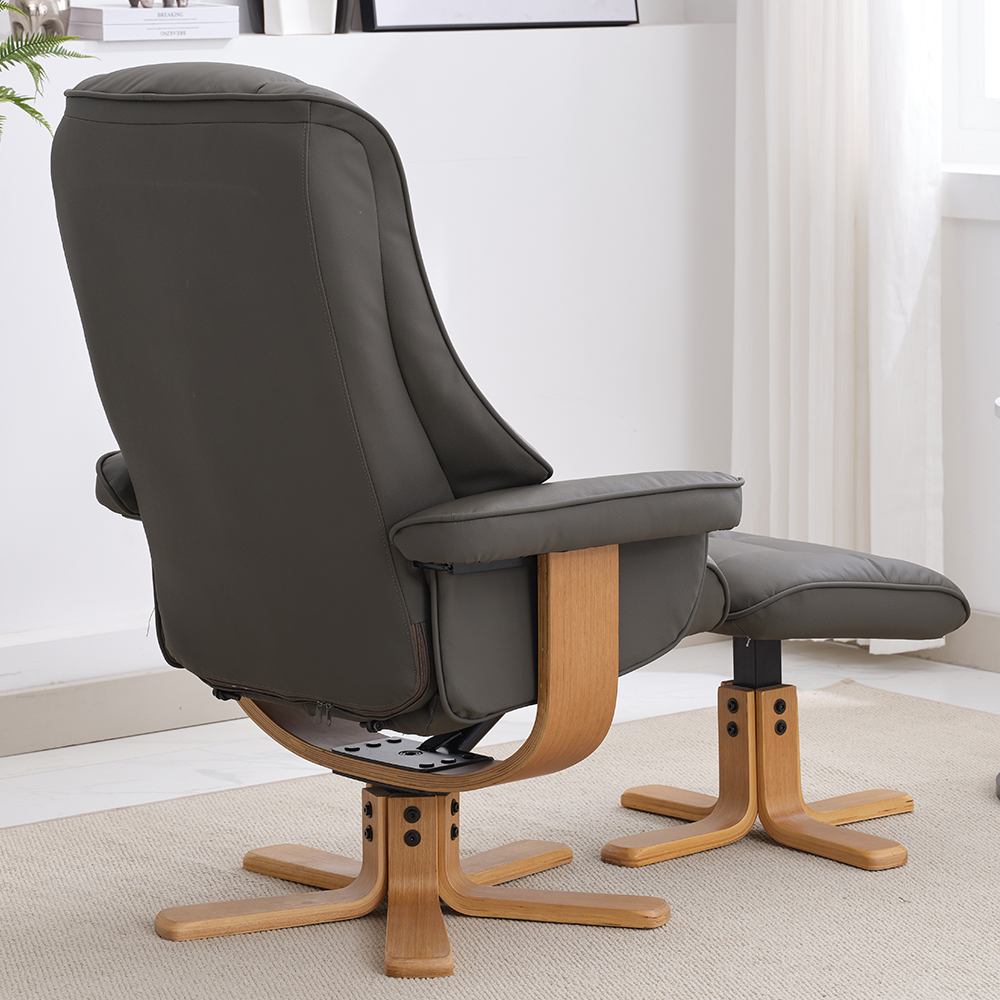 Seneca Leather Recliner Chair With Stool In Chinder And Oak