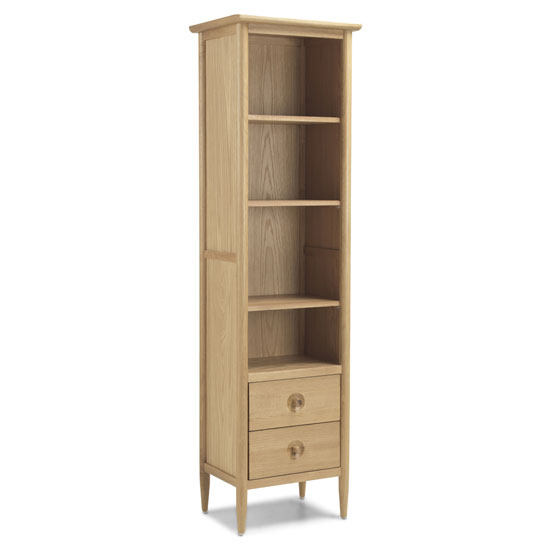 Skier Wooden Slim Bookcase In Light Solid Oak With 2 Drawers ...